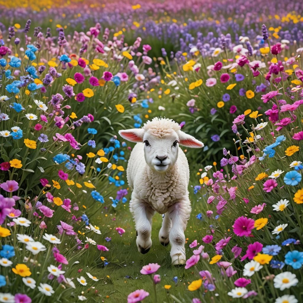 Lamb in Wildflower Meadow 8 - AI Generated Artwork - NightCafe Creator