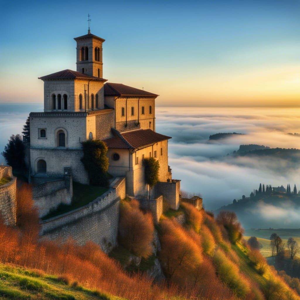 Italian church on a hill surrounded by mist - AI Generated Artwork ...