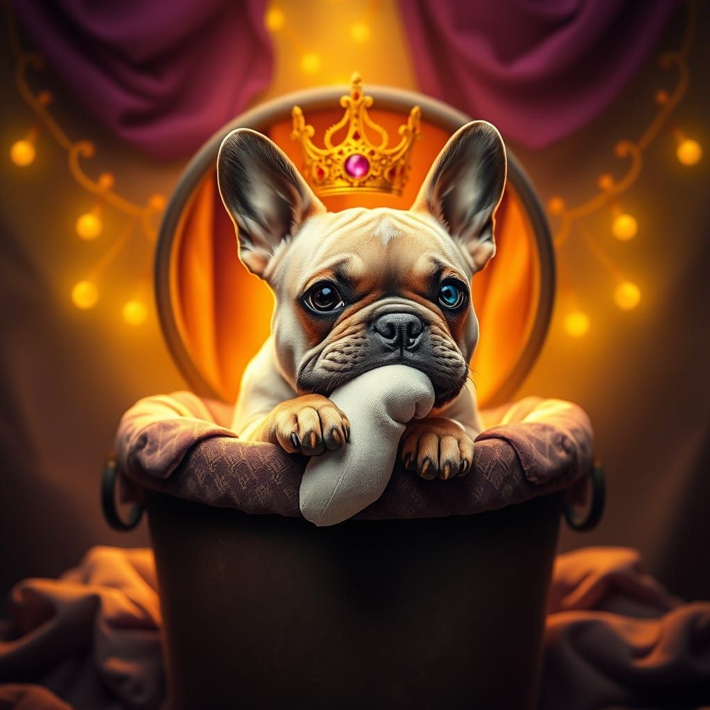 Fawn-Colored Frenchie Emerges from Velvet-Lined La... - AI Art