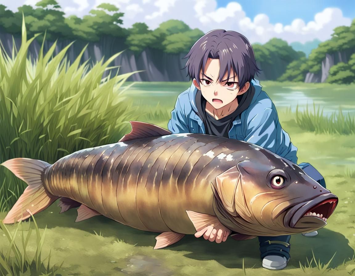 Anime version of a man crouched down holding a huge fish - AI Generated ...