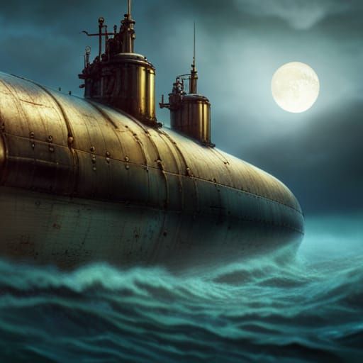 A submarine surfaces, on a moonlit night, 8k resolution, a masterpiece ...