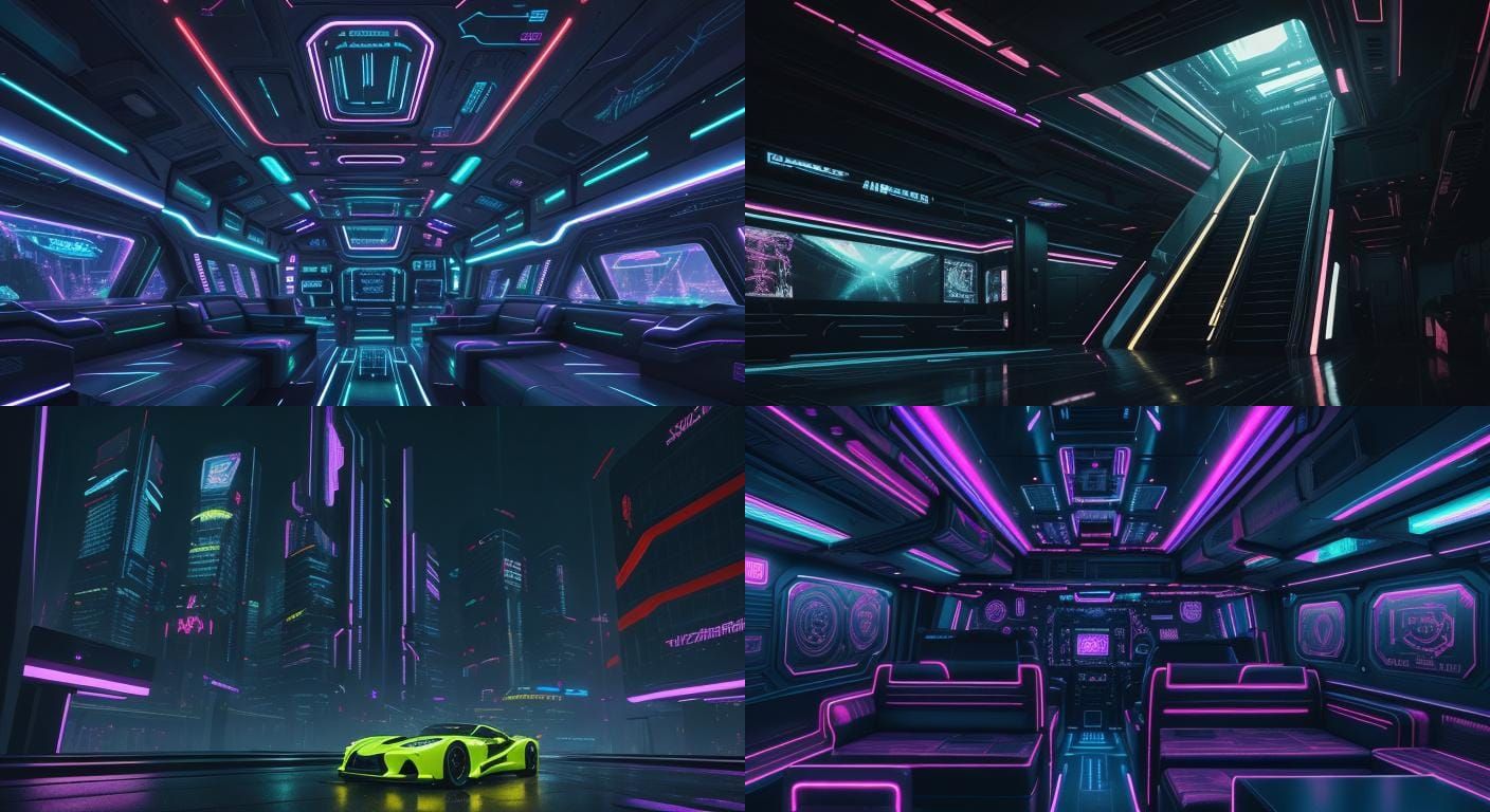 Giant Cyberpunk RV with LED Light Couches and Futu... - AI Art