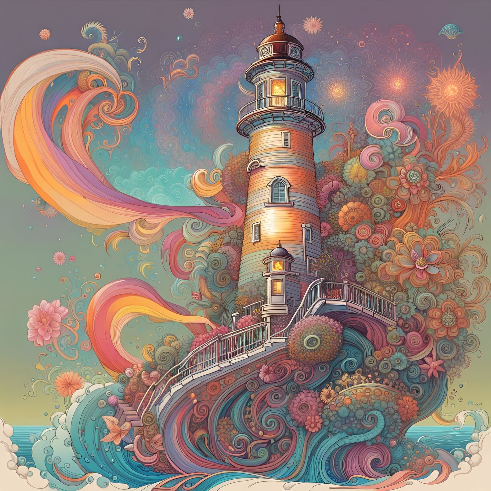 lisa frank psychedelic fantasy Lighthouse in book near sea of vivd pure ...