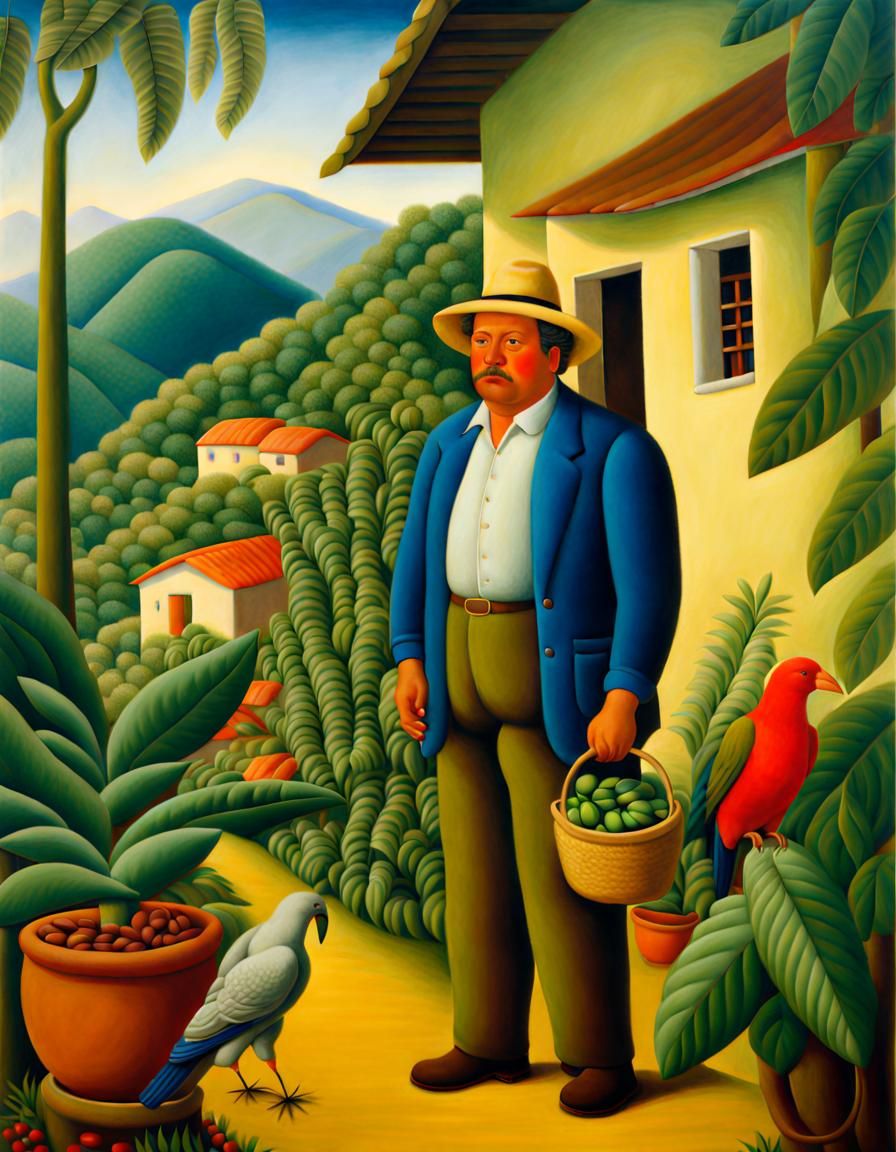 Coffee farmer in the front of a house in the mountains tropical plants ...