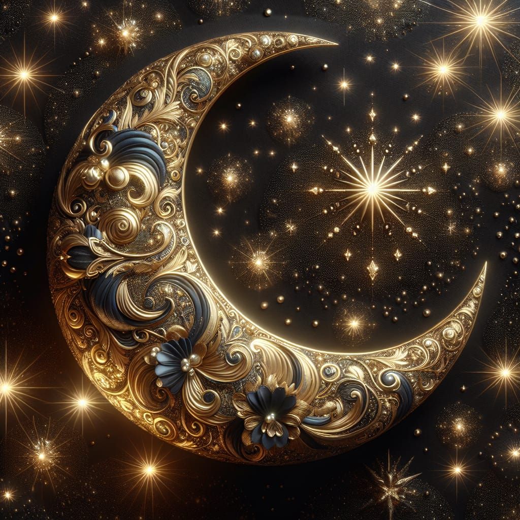 Beautiful Moon - Golden Crescent Moon in Hyperrealistic Styl...