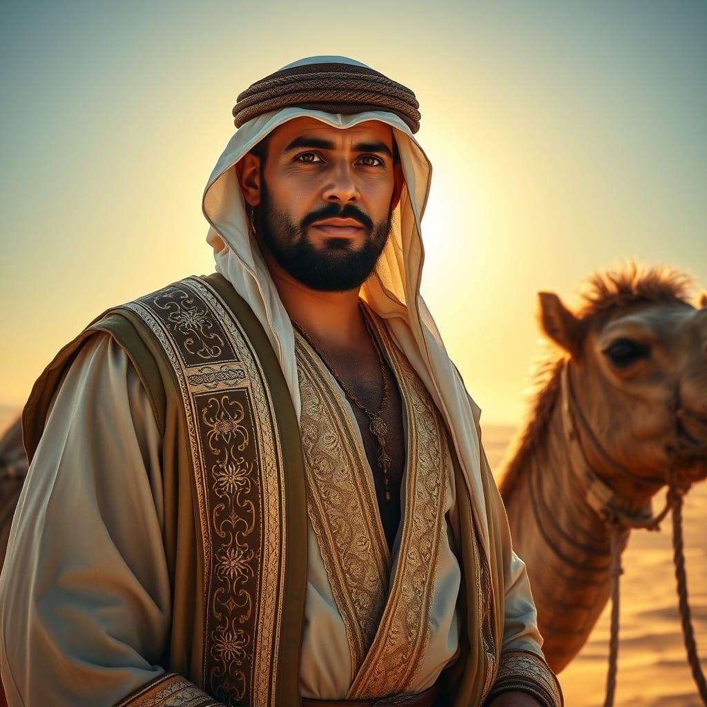 Regal Arabian Man in Traditional Attire with Majes... - AI Art