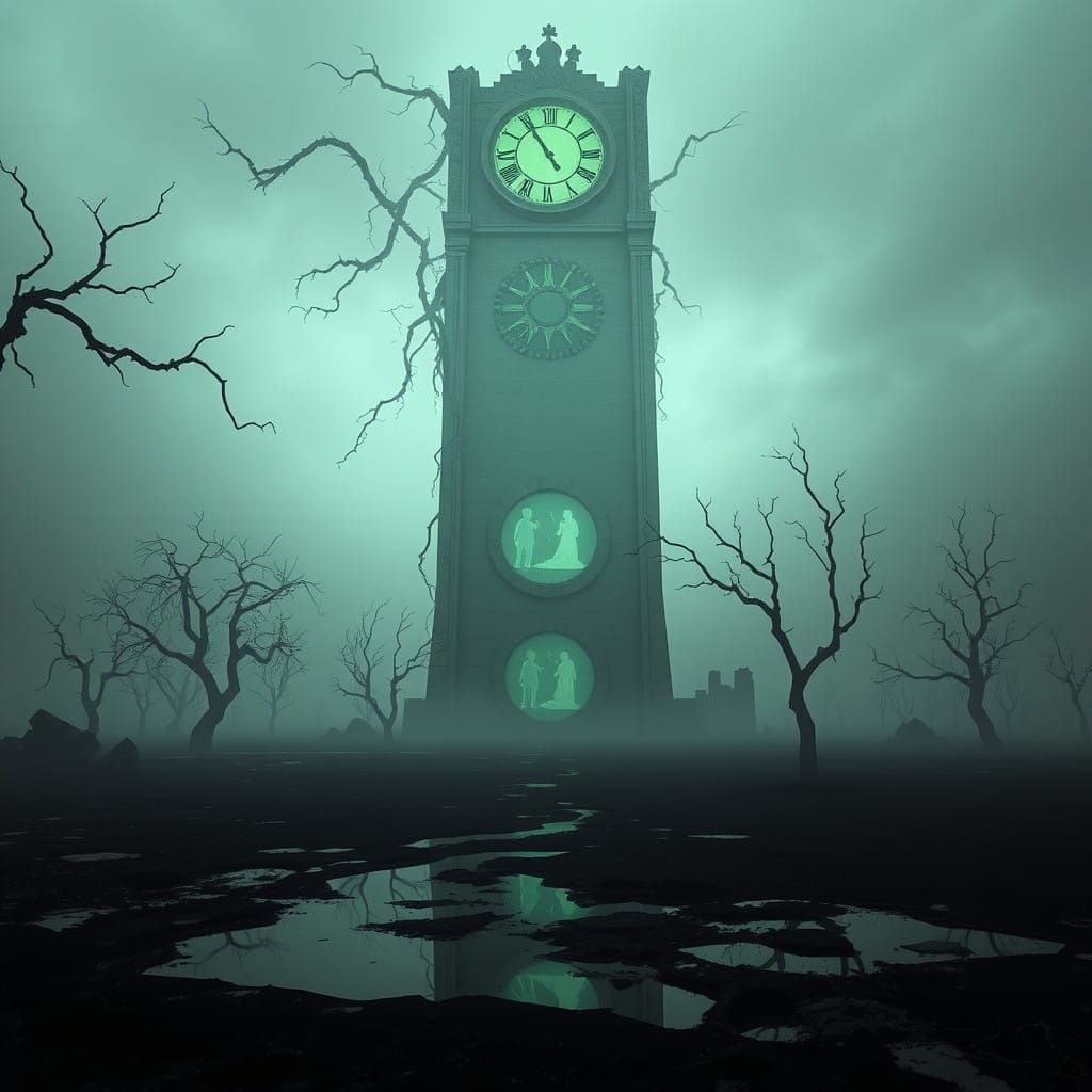 clocktower - Ancient Clocktower in a Desolate, Fog-Shroude...