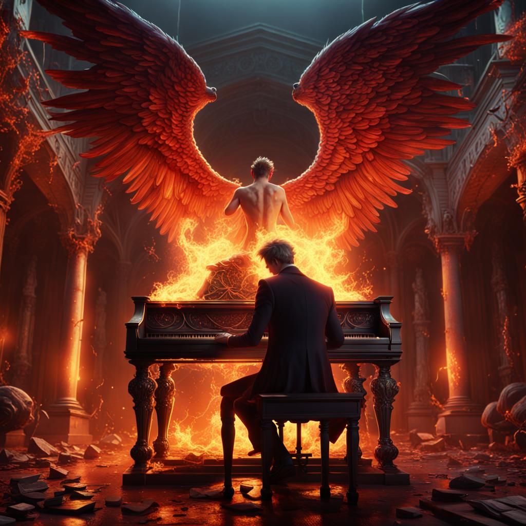 Fallen Angel Lucifer playing a fiery piano. - AI Generated Artwork ...