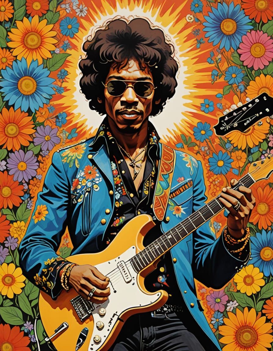 1960s' pop icon left handed Jimi Hendrix performing with his guitar ...