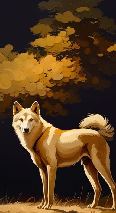 [painting of light blonde Africanis dog on the savannah] (painting by ...