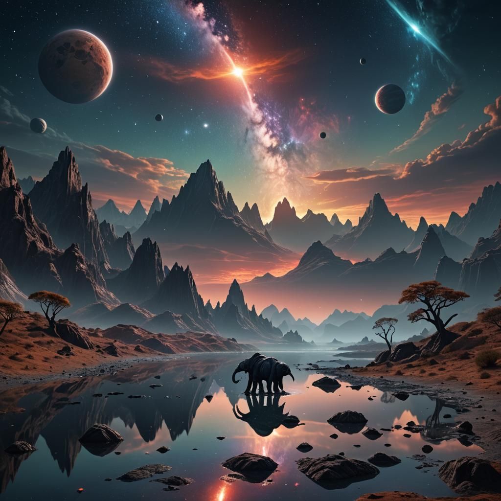 A captivating and haunting 3D render of an alien planet in a dark ...