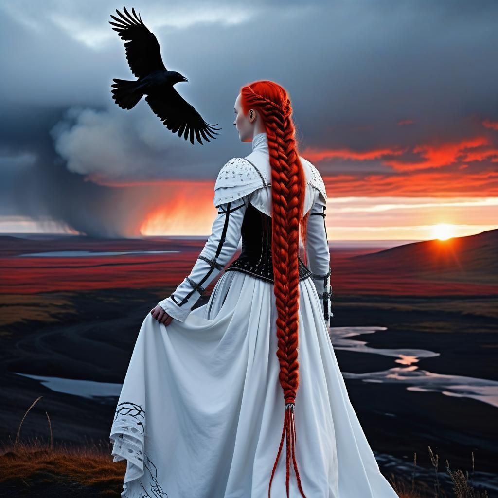 Beautiful Brunhilde full-figured with red very long braids, dressed in ...