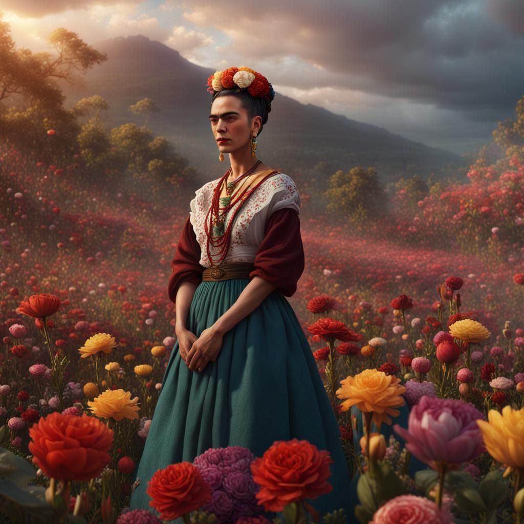 Frida Kahlo saliendo de un campo de flores hermosas . la escena es ...