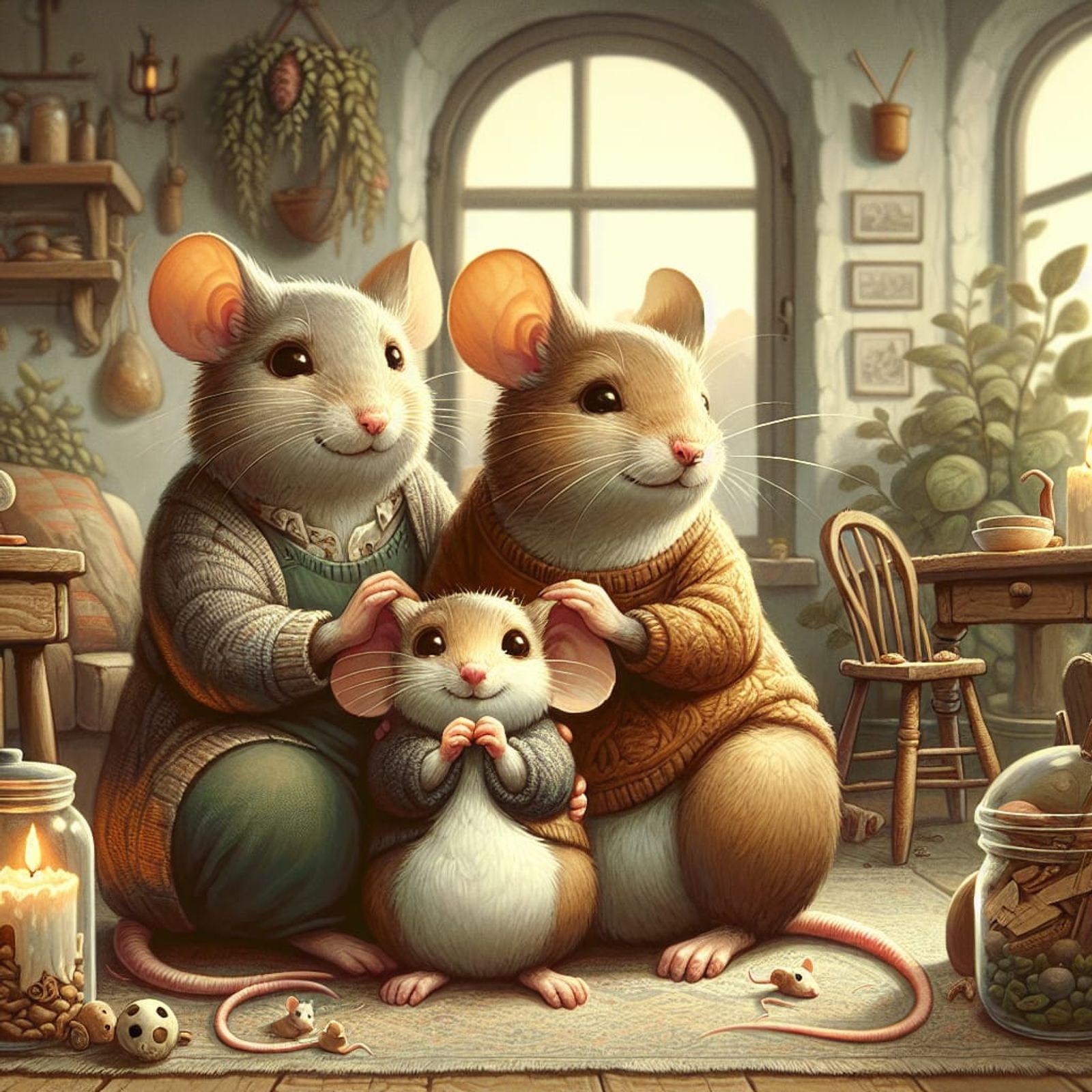 Render a diorama of A mama mouse, papa mouse and little girl mouse ...