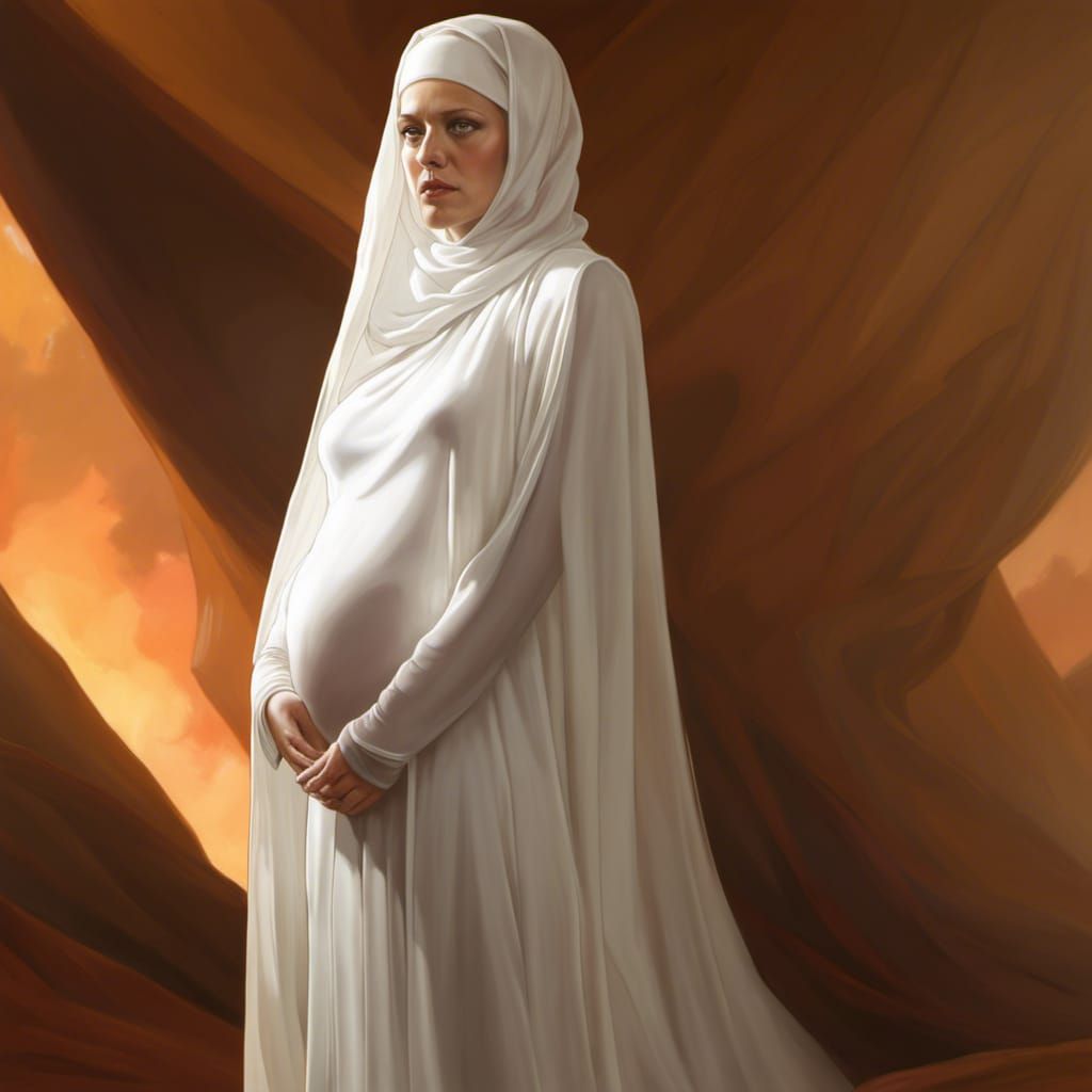 portrait of afraid, crying pregnant Elizabeth Moss wearing burqa. veiled niqab, breastfeeding ...
