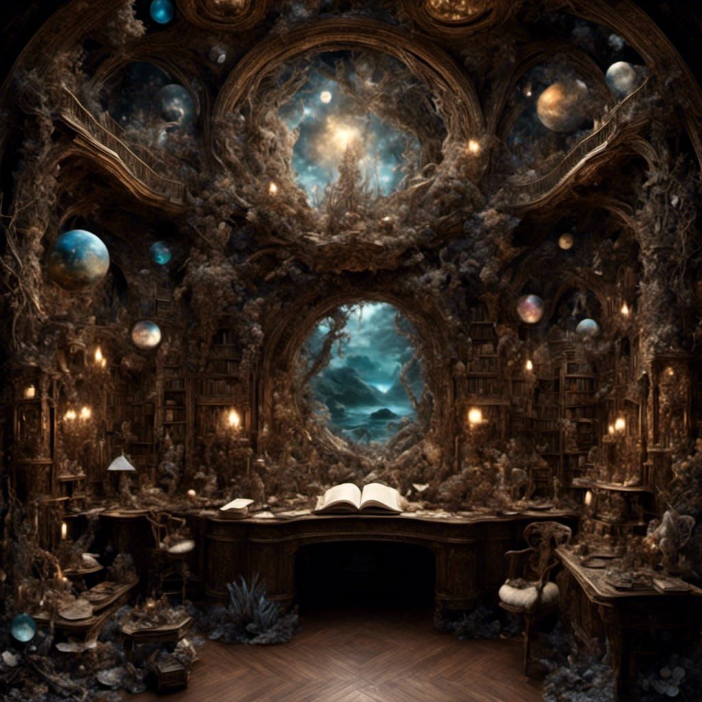 a beautiful fantastical desk with portals leading to magical ...