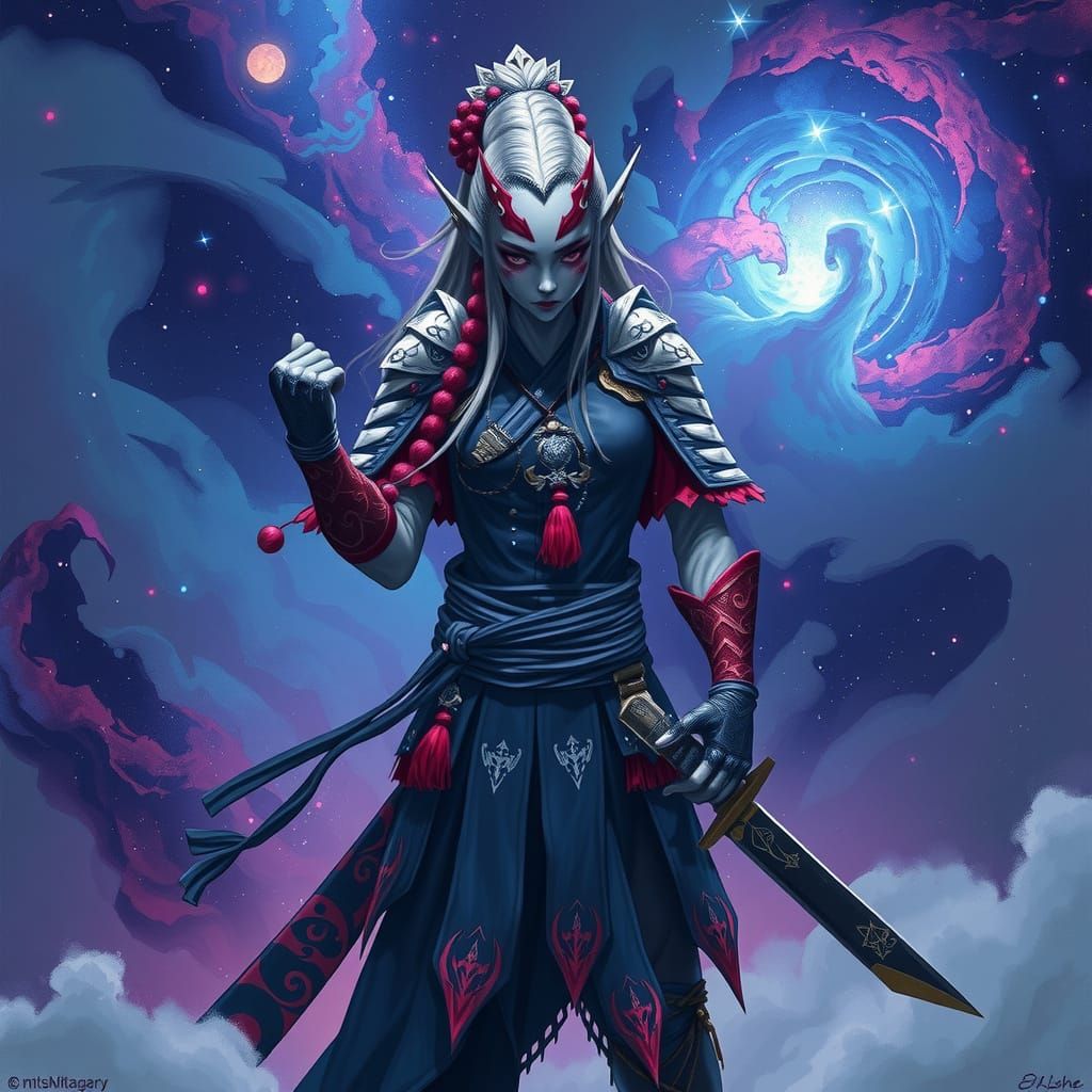 Ethereal Drow Elf Samurai in Vibrant Nebula Backgr... - AI Art