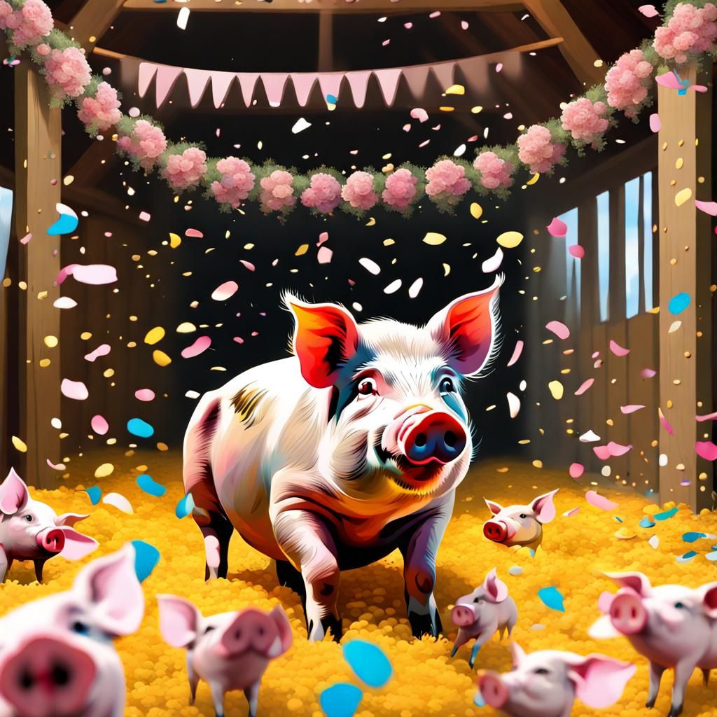 A little pig with flowers around in a stable with a lot of confetti ...
