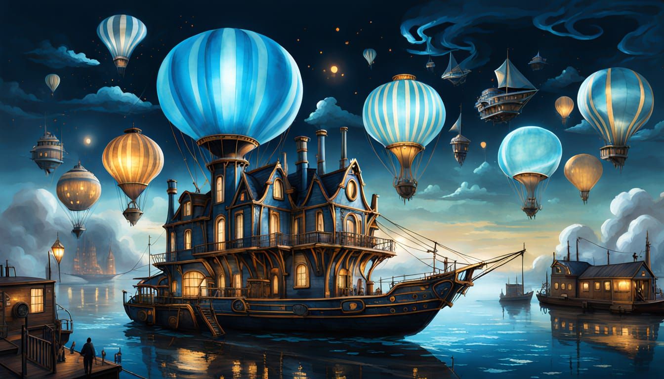 Shelly's Steampunk Harbor At Night - Steampunk Harbor Scene ...