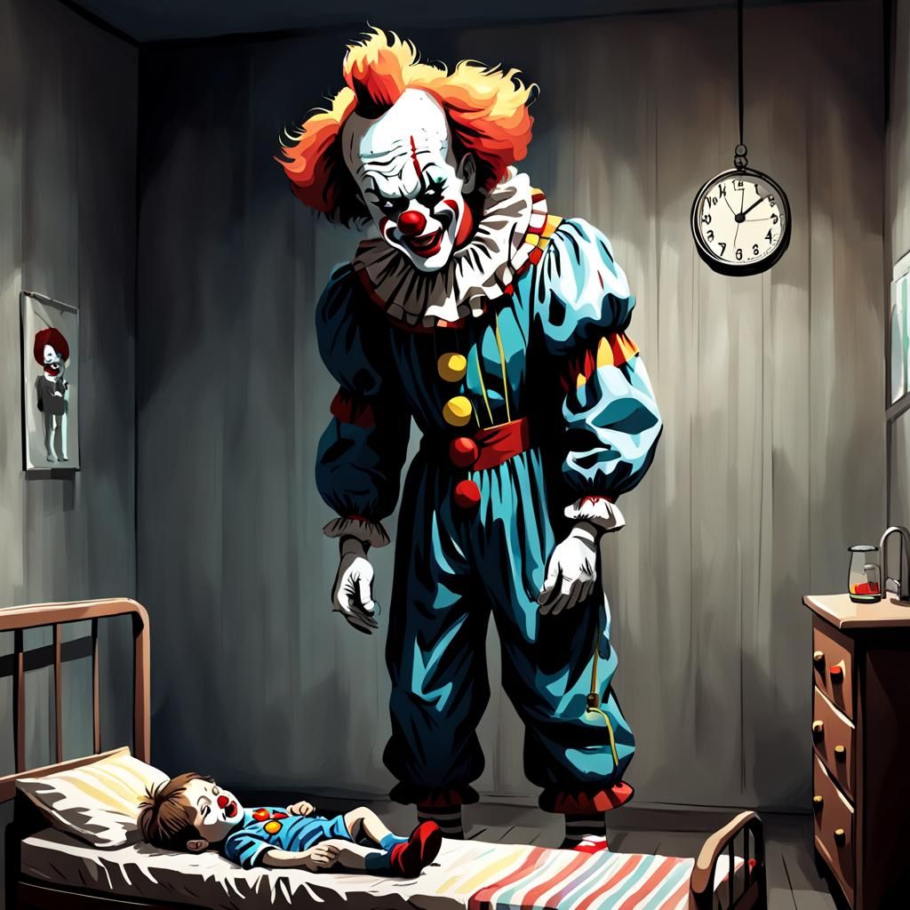 Scary Clown Watching a Kid Sleep - AI Generated Artwork - NightCafe Creator