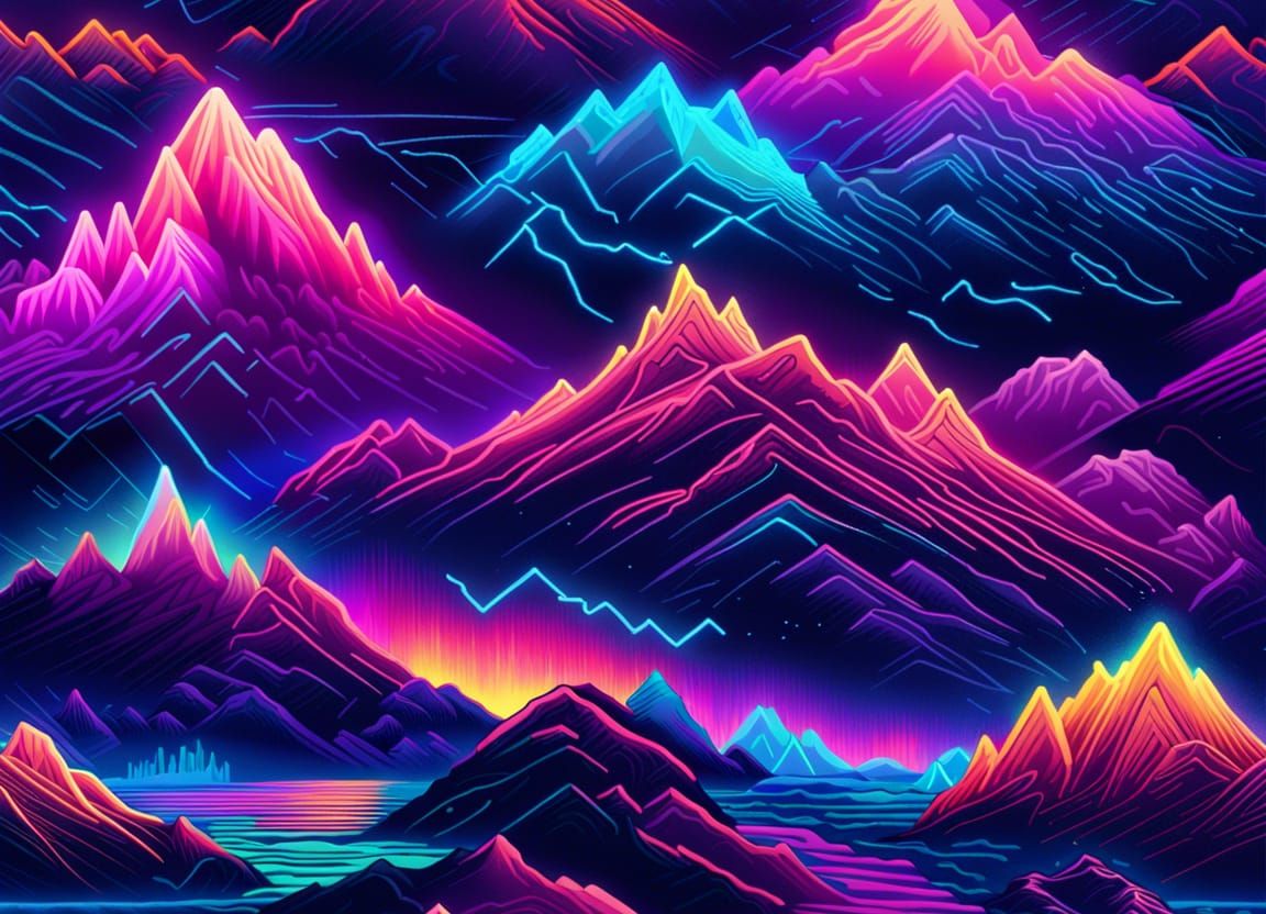 neon lightening over mountains on an island at sea puffed array of neon ...