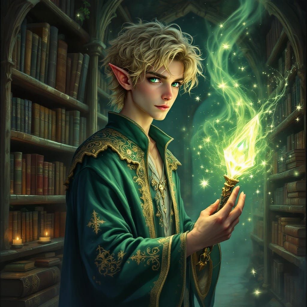 Elf Mage 250201A - Ethereal Elf Mage in Whimsical Wizard's R...