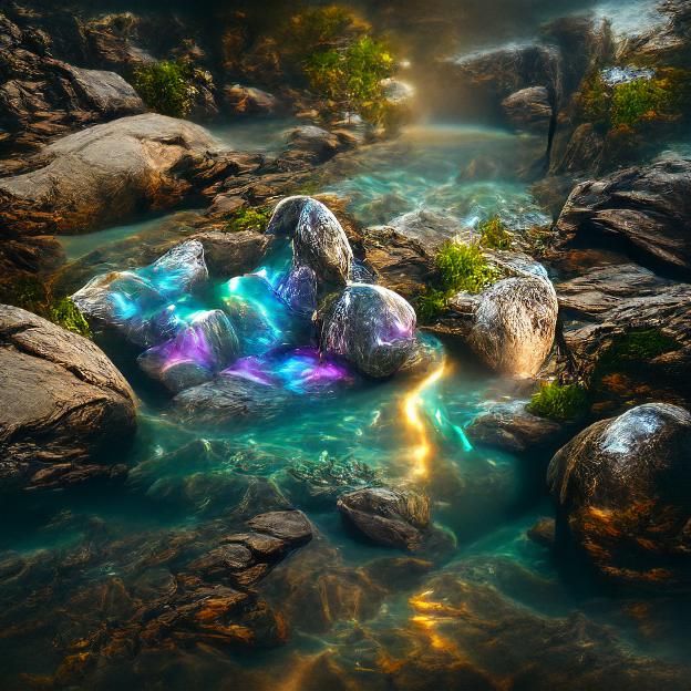 Beautiful ethereal mystical iridescent rocks in the water; beautifully ...