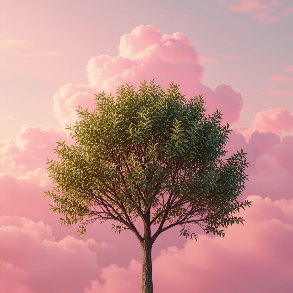 Dreamy Tree Against Pink Cloudy Sky, Jvke Style - AI Art