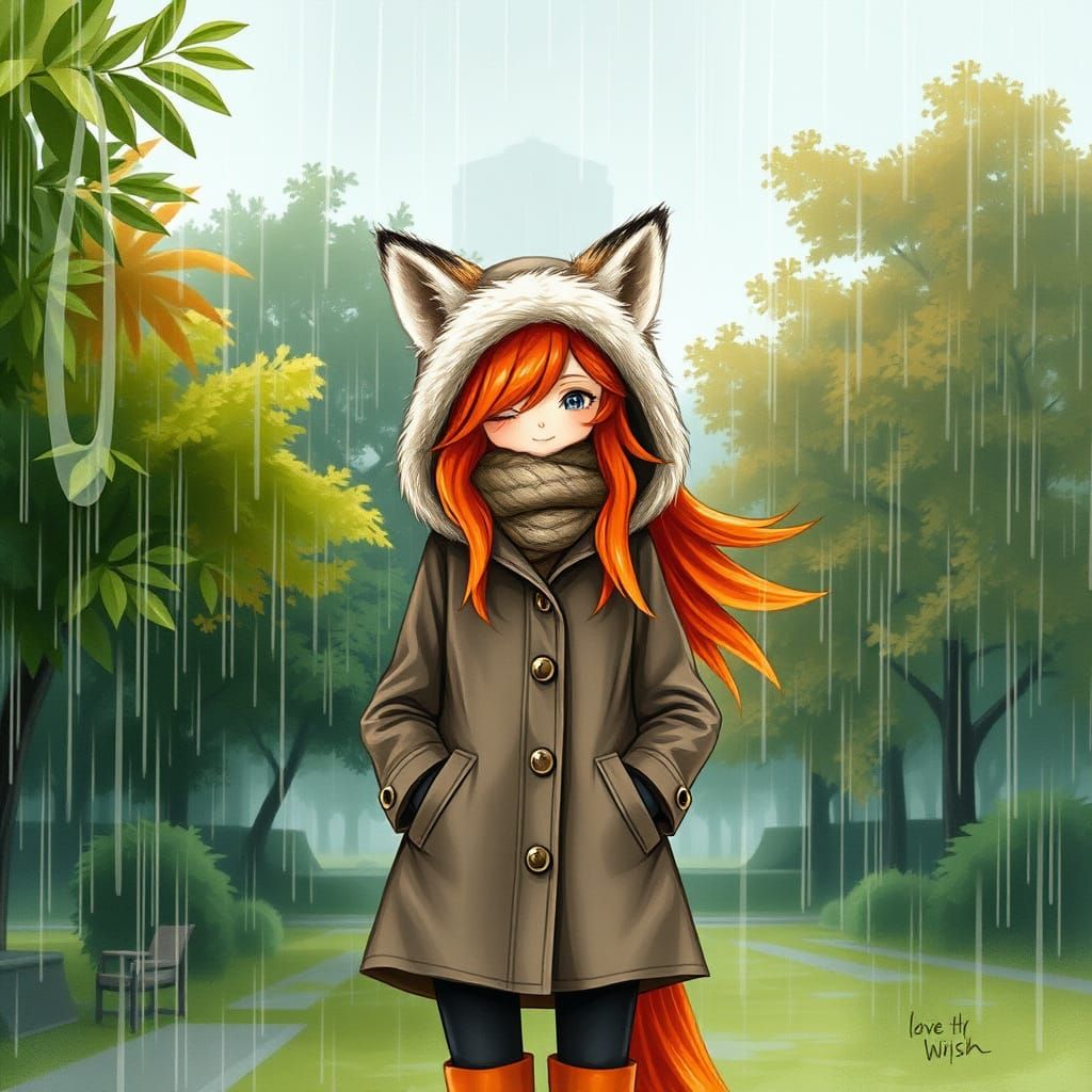 Fox girl - Whimsical Fox Woman Steadfast in Stormy Park
