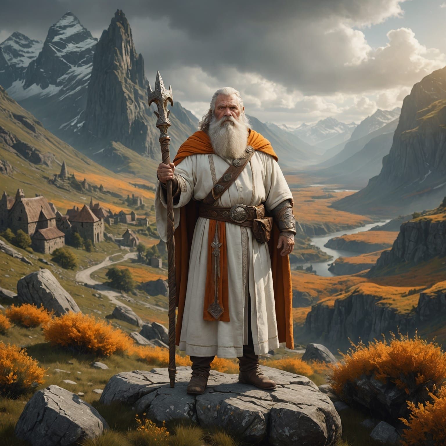 One dwarven cleric with white Hear and beard with troddels, wearing a ...