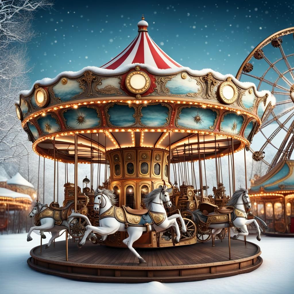 A bustling carnival A beautiful carousel on winter background steampunk ...