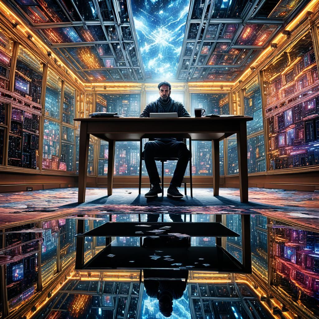 hypercube made of countless mirrors reflected from all sides of the image of a man sitting at a ...