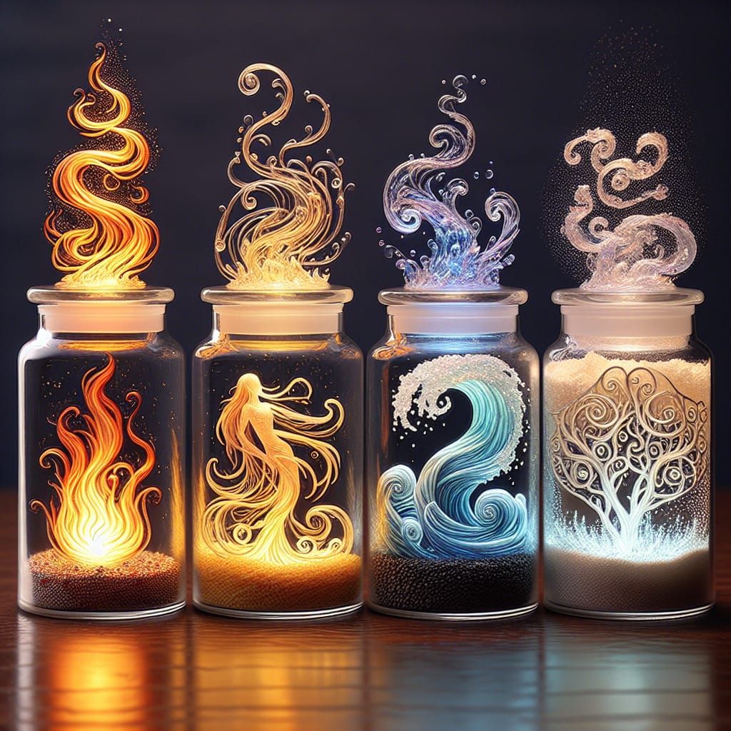 The four elemental spirits, fire, water, earth, and air, in 4 glass ...