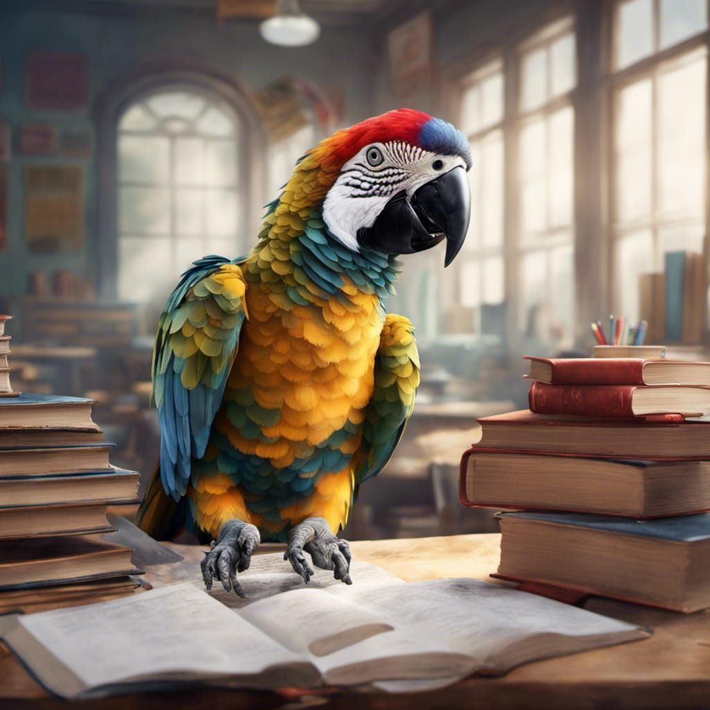 realistic digital art of a parrot in school on the desk as a student in ...