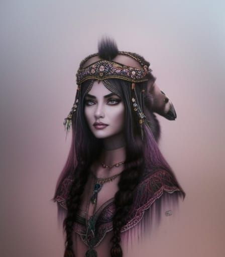 A beautiful Gypsy witch with a bear, Pencil Sketch of hyperdetailed ...