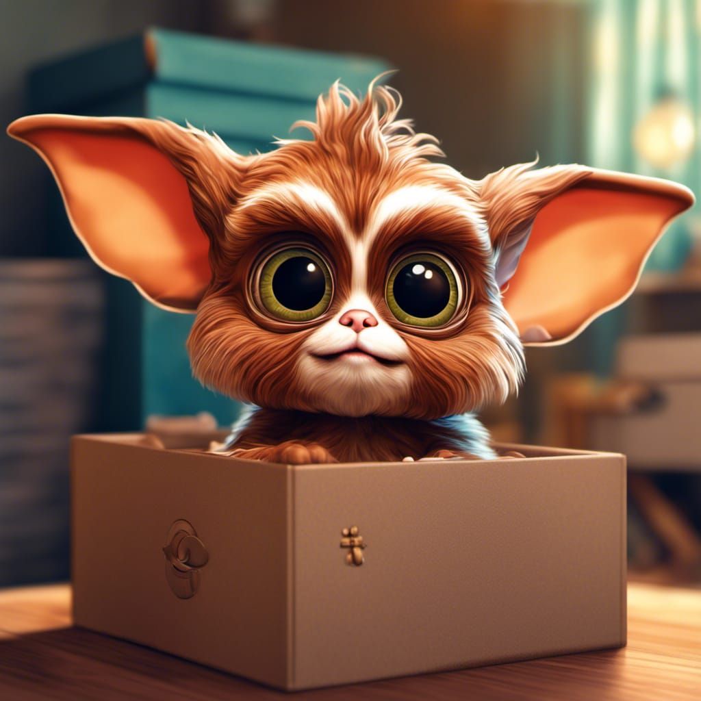 The adorable Gizmo peeking out of the box photorealistic intricately ...