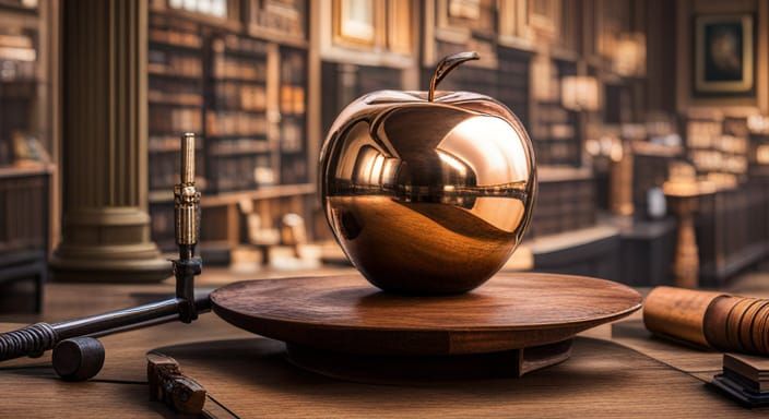 a copper apple made with a cog resting on a wooden plate in a old ...