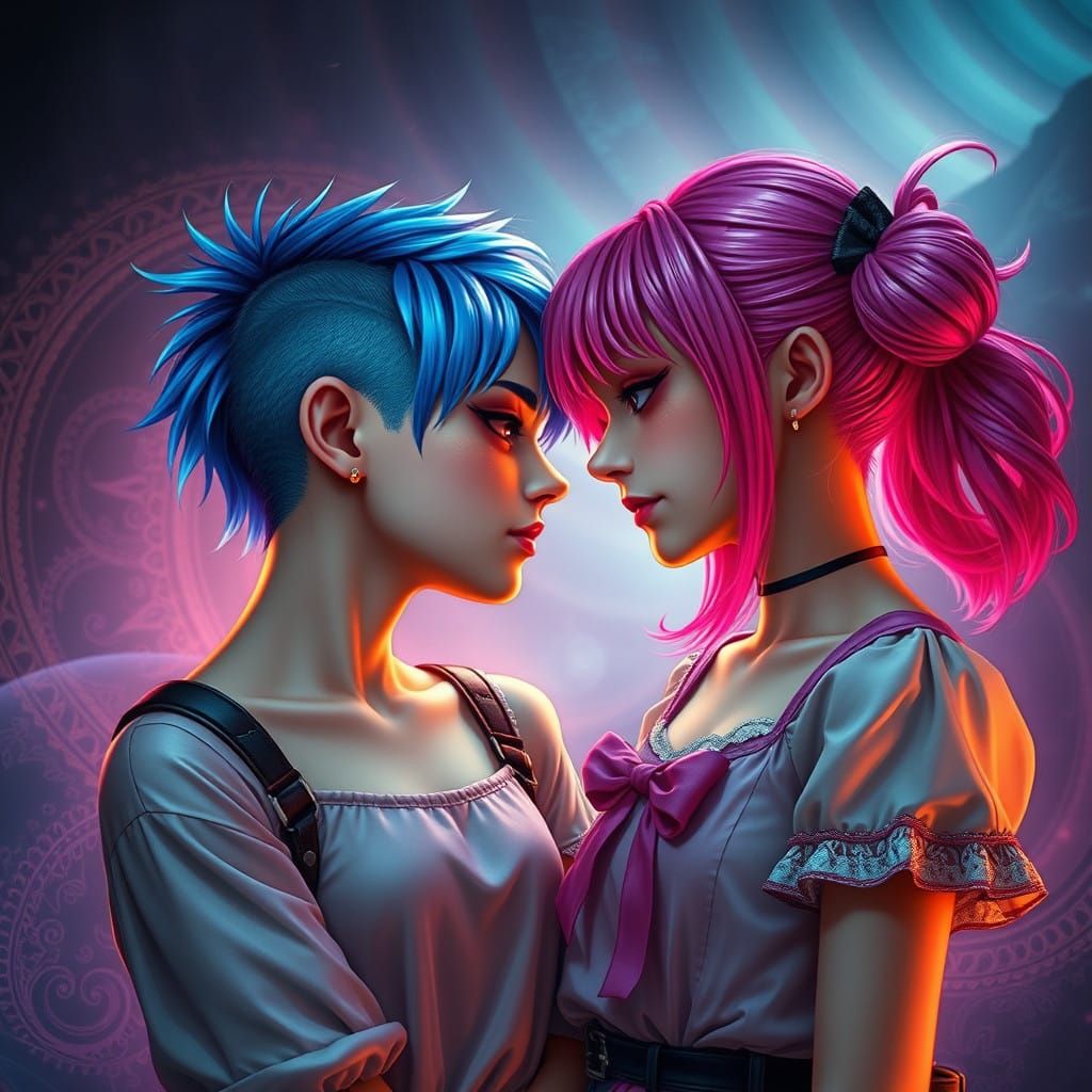 Emo Scene Girls Connect in Whimsical Fantasy Scene - AI Art