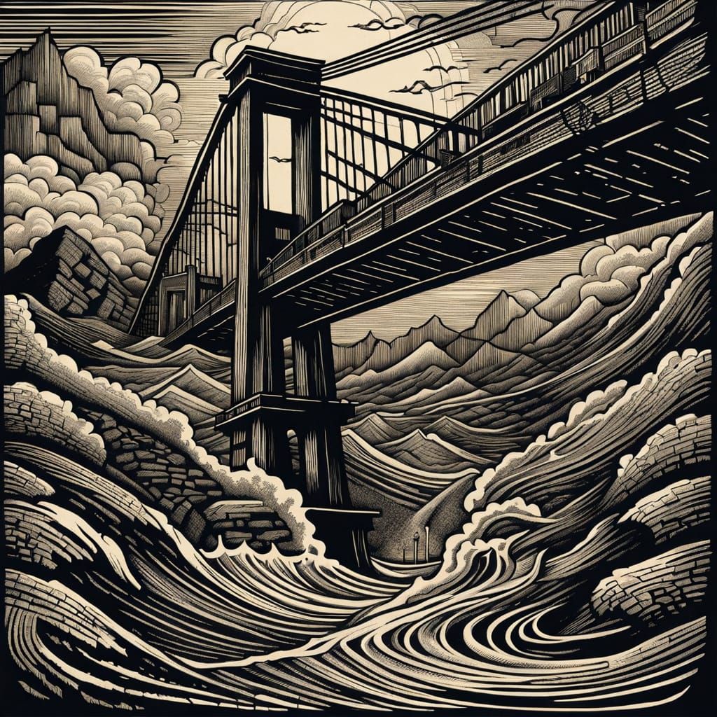 Imposing Suspension Bridge Over Chasm in Small Tow... - AI Art