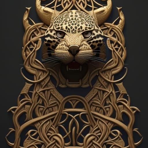 An intricate, ornate, symmetrical 3D rendered wood carving of a wise ...