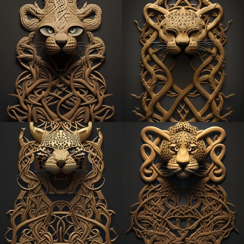 An intricate, ornate, symmetrical 3D rendered wood carving of a wise ...