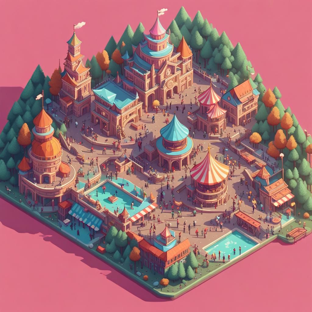 Isometric theme park, vibrant colors, roller coasters weaving through ...