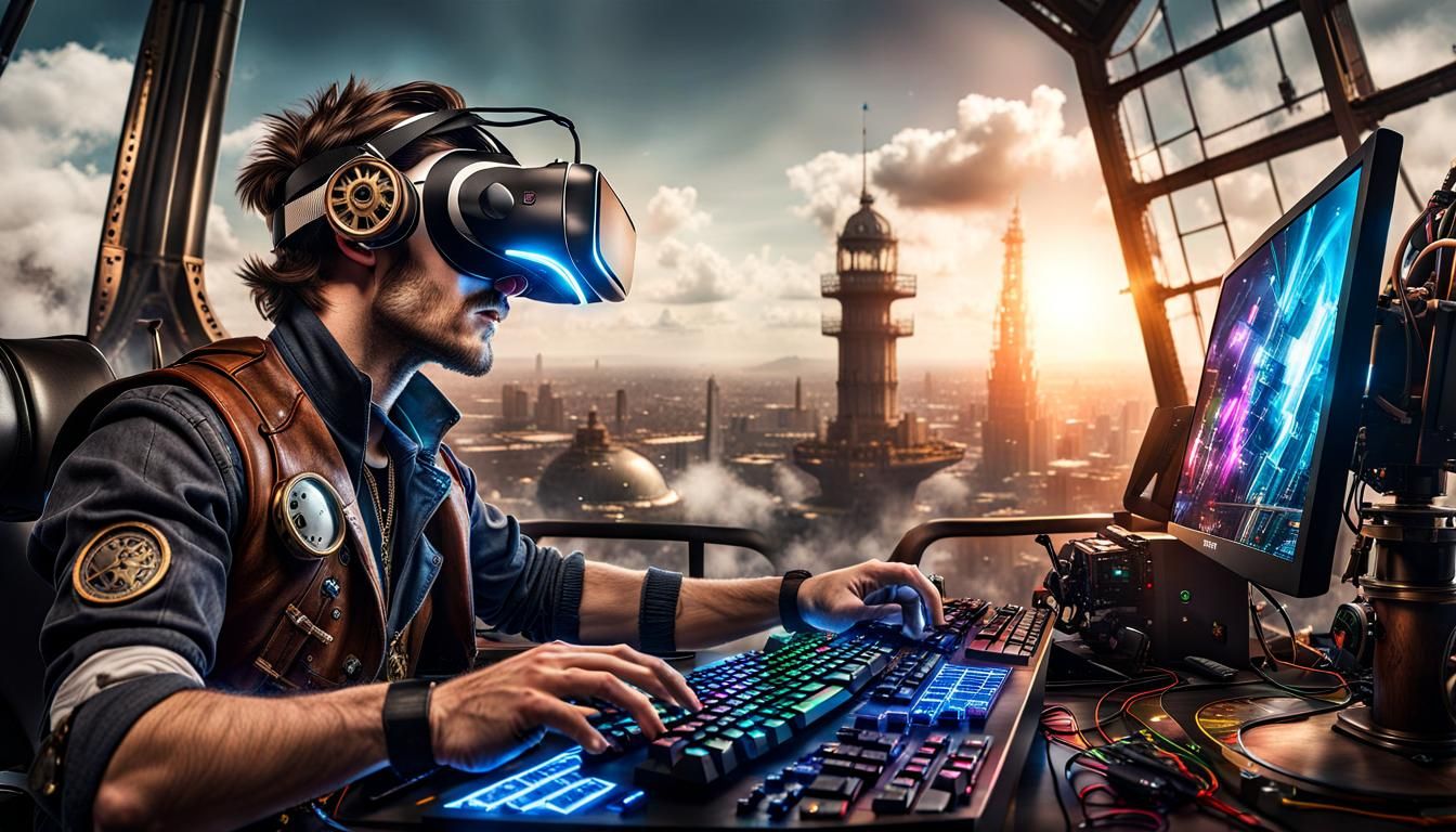 Splash art steampunk, (((man with virtual reality glasses))), four ...