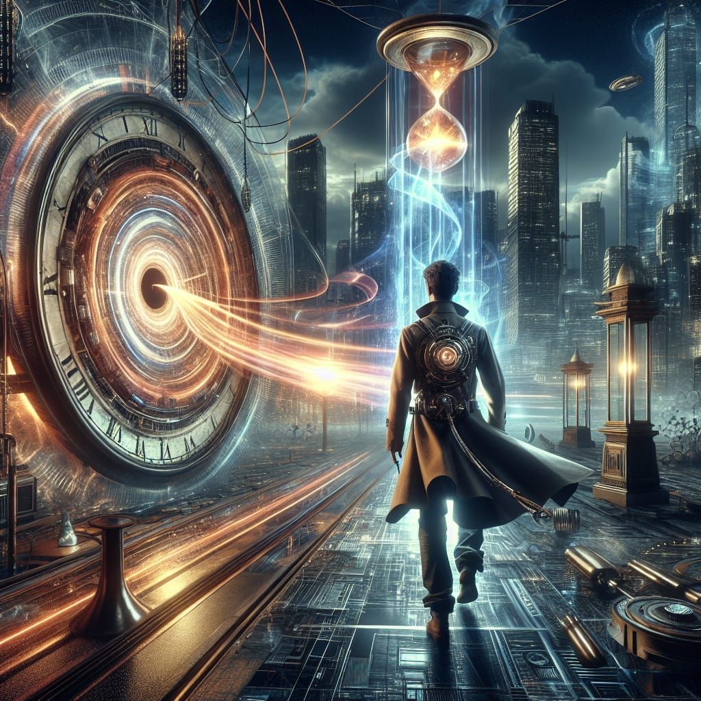 Futuristic time traveler on the run, adorned in cutting-edge attire ...