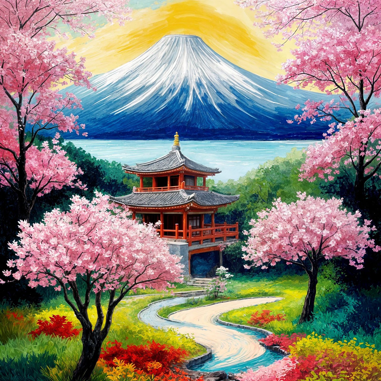Japanese landscape scene. There are pink cherry blossom, a winding path ...
