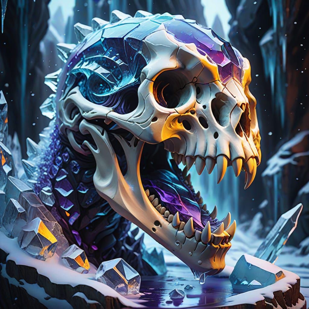 Ethereal Ice Raptor Skull in Dark, Misty Environme... - AI Art