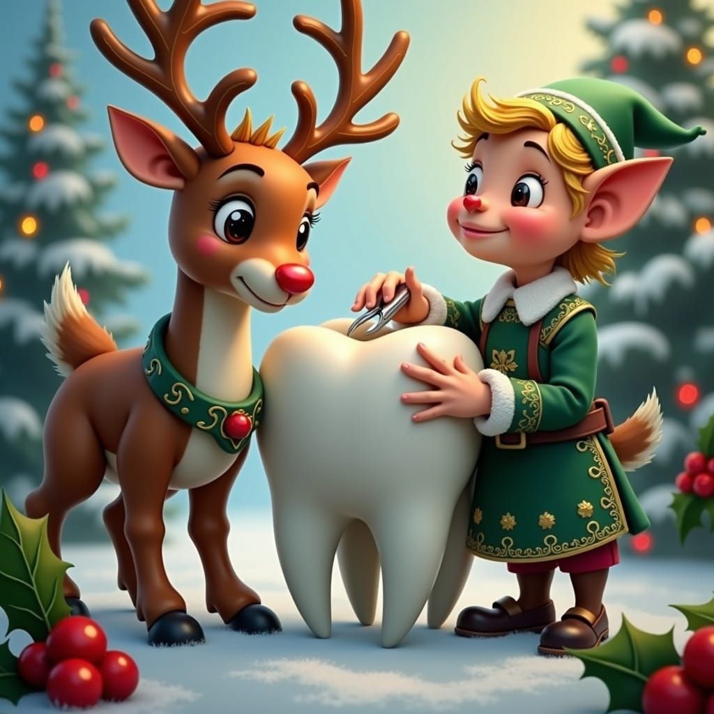 Rudolph the Red-Nosed Reindeer standing next to Hermie the elf dentist.