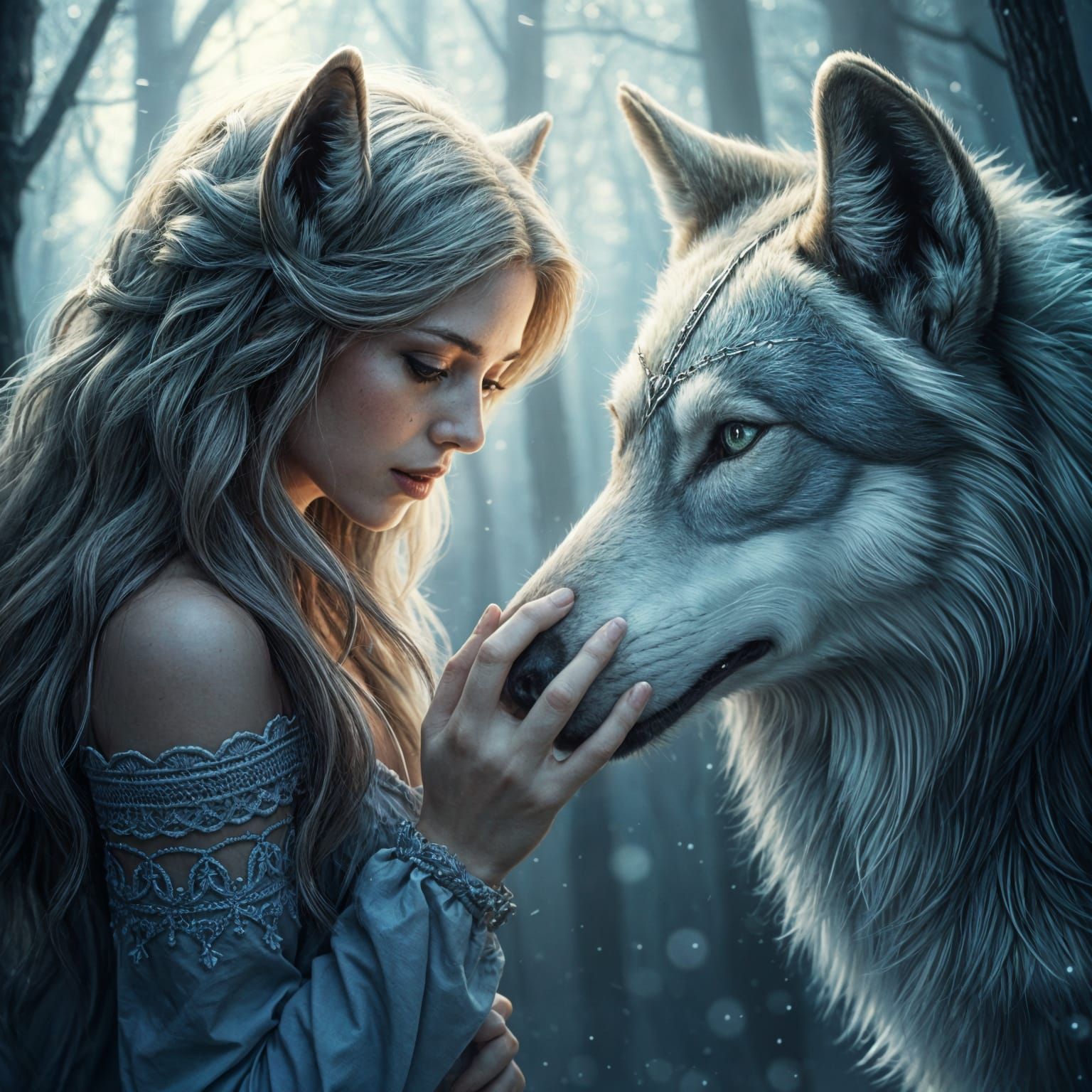 Ethereal Elven Woman with Majestic Wolf in Dreamli... - AI Art
