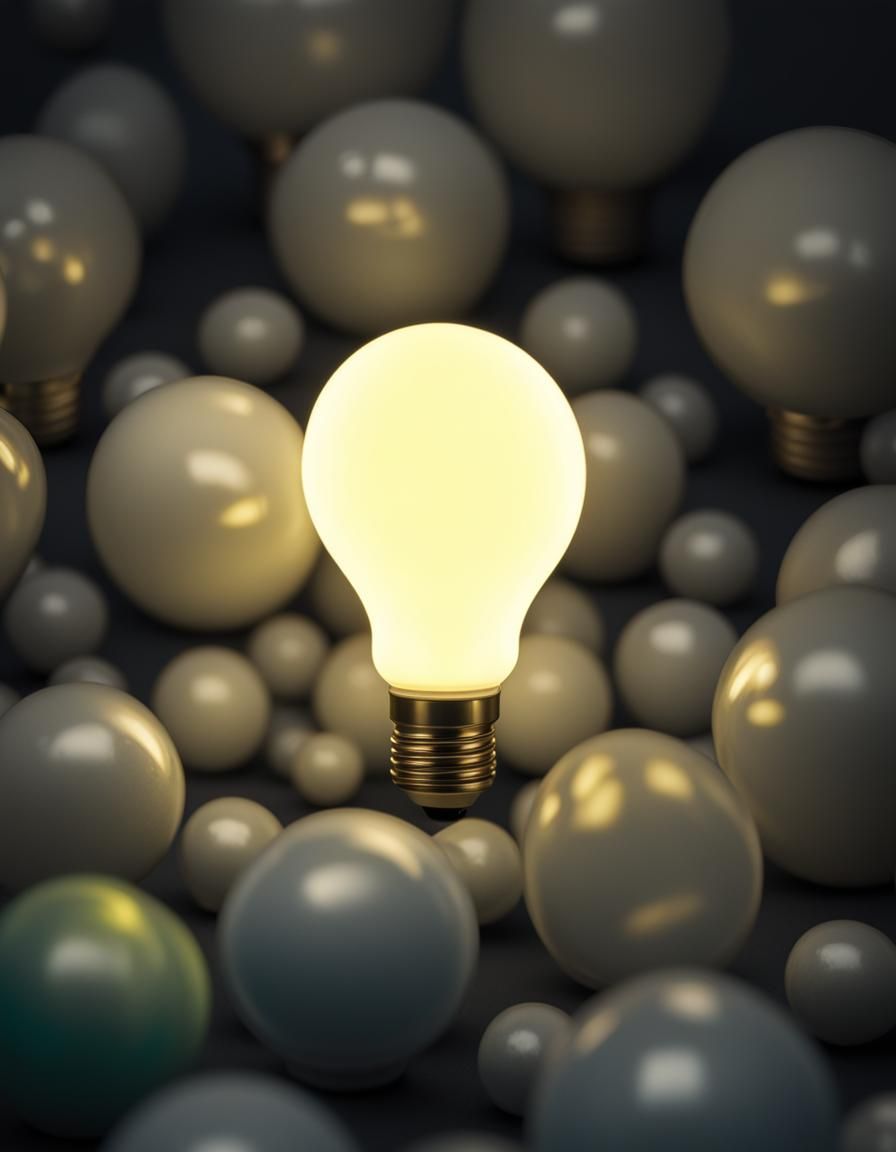 An illuminated bulb amidst other unlit bulbs analogous colors ...