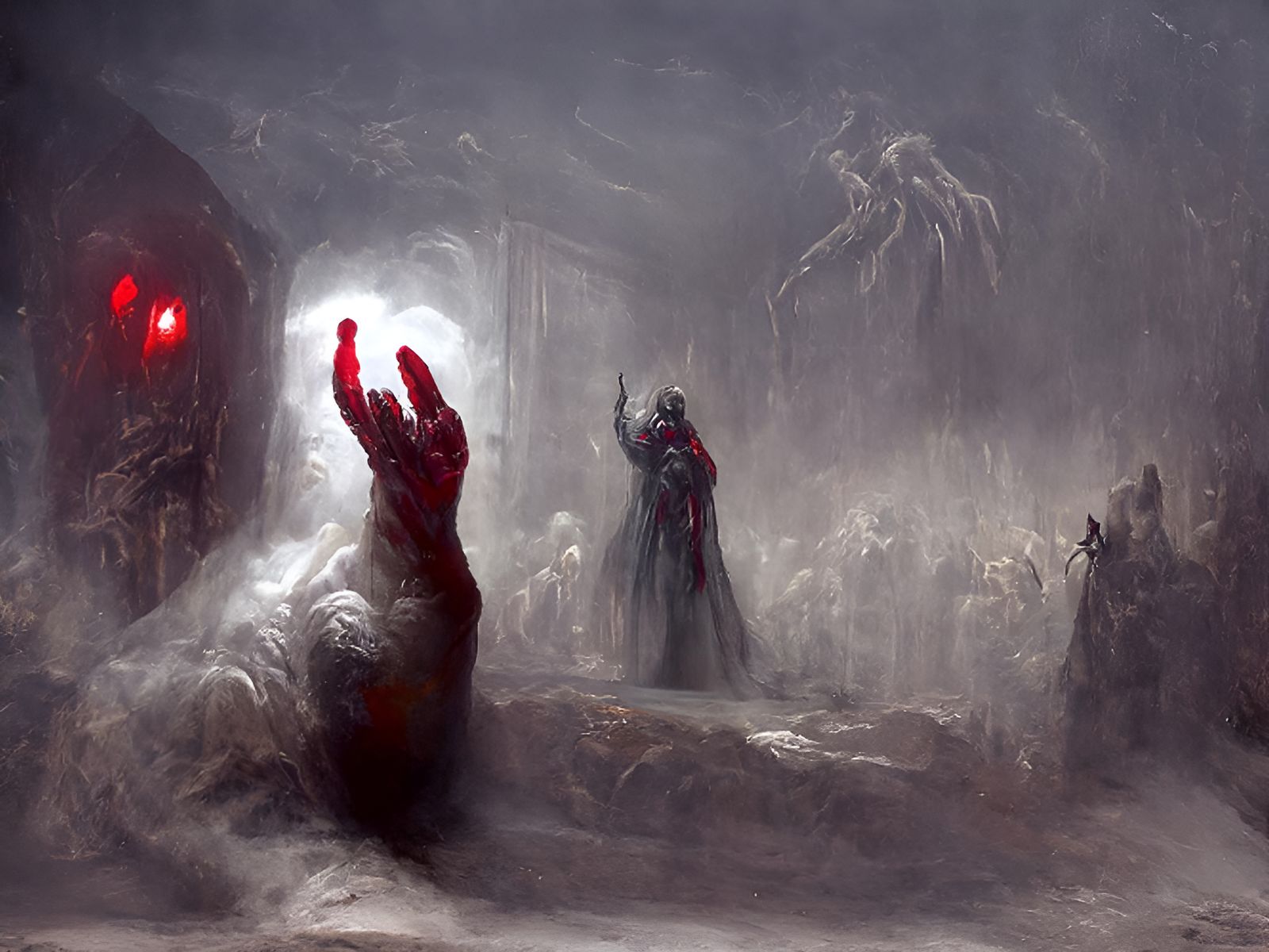 A screaming hand reaching out of a foggy room that is being consumed by ...